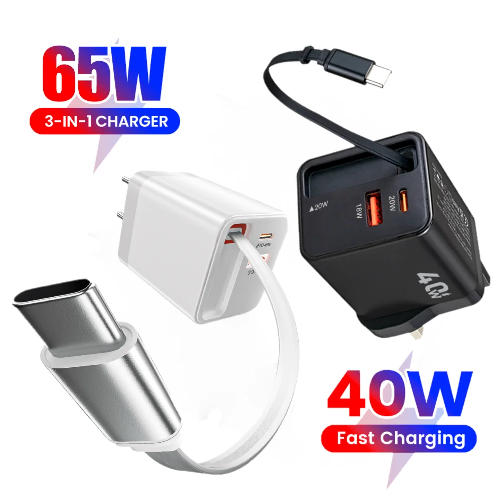 Elough 40W/65WGaN Charger with Retractable Type-C Cable PD Fast ...
