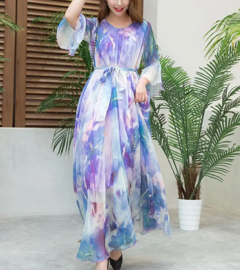 Purple-Boho-Women-Flowers-Print-Trumpet-Sleeve-Maxi-Dress-Holiday-Abaya ...