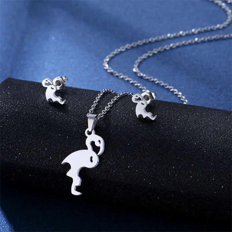 Cute-Stainless-Steel-Flamingo-Chain-Necklace-Jewelry-Set-Tropical-Bird ...