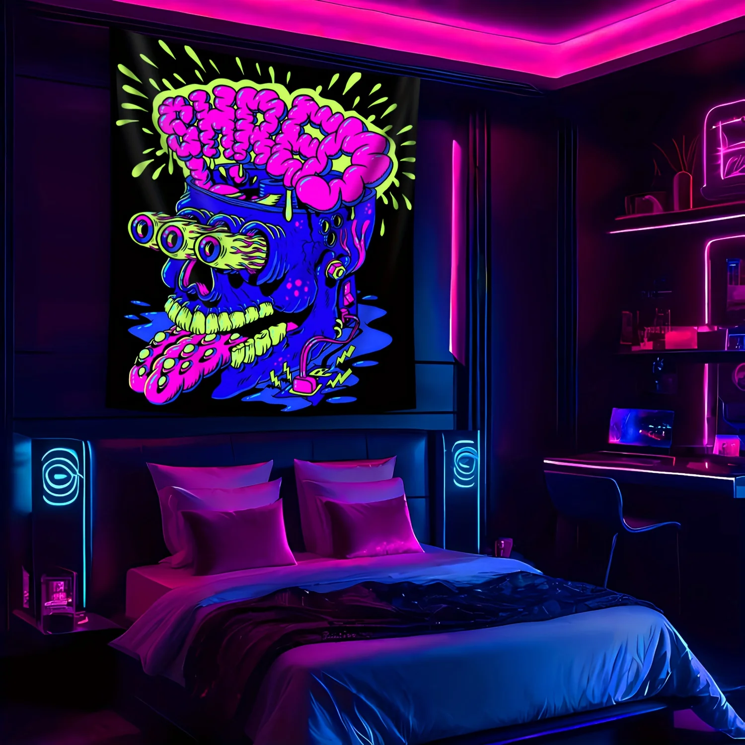 VIKAMA Cyber Skull Tapestry Neon Brain Pattern Telescope Eye Gaming ...