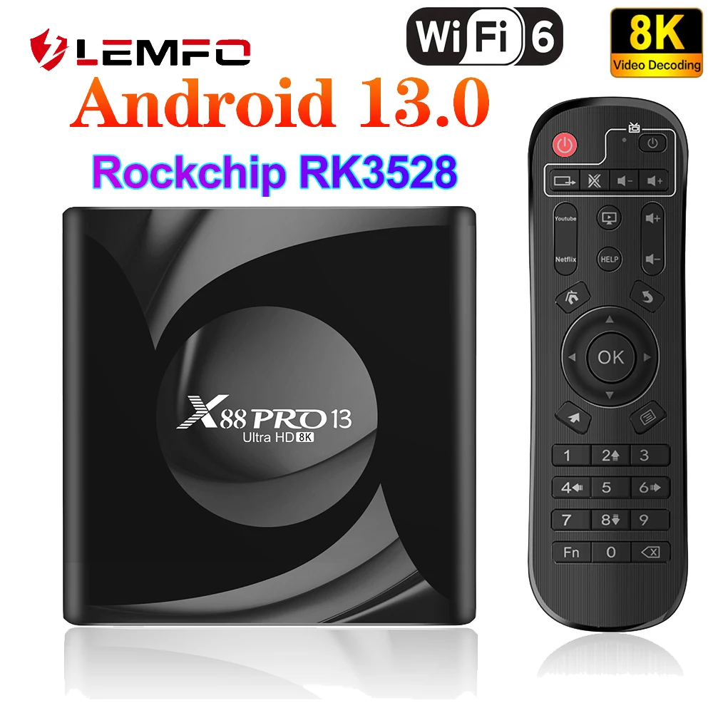 Lemfo-boîtier Smart Tv X88 Pro 13, Android 13.0, 8k, Wifi 6, Rk3528, 4 Go/64 Go, Avec Google ...