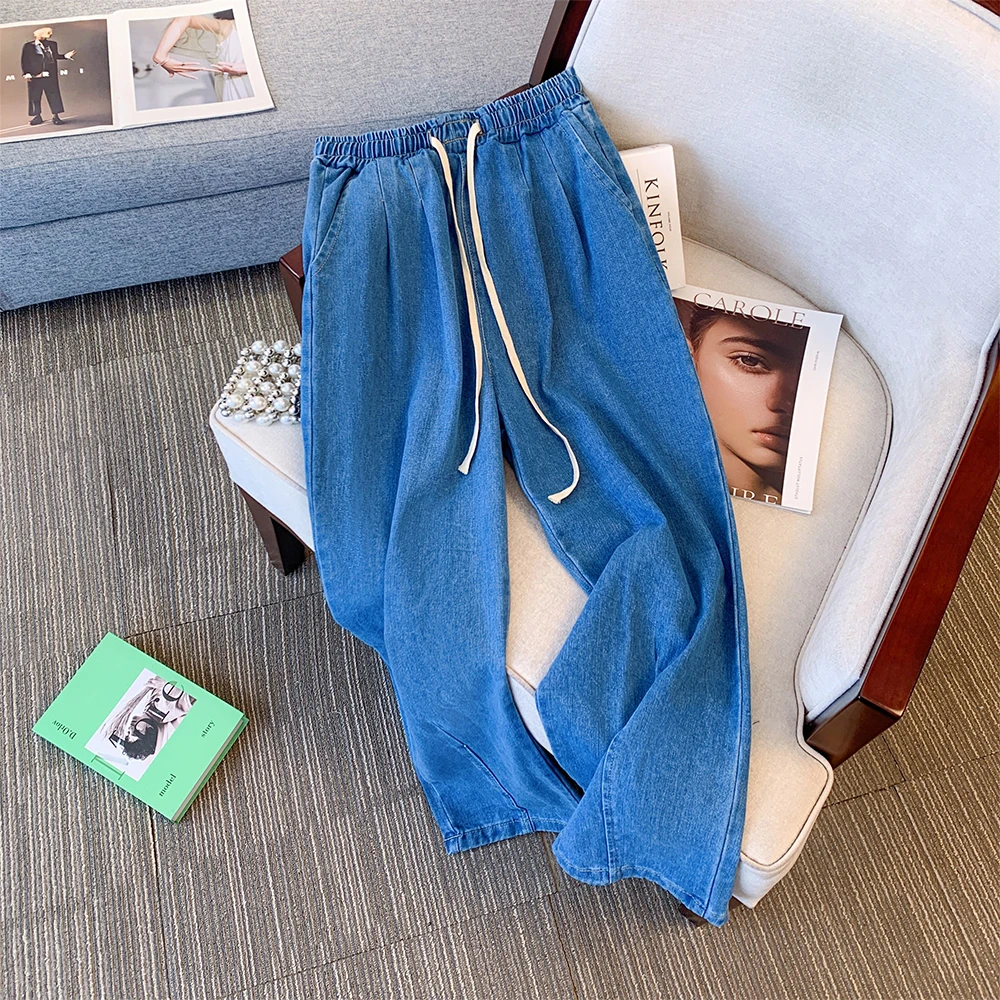 Autumn-plus-size-women-s-casual-jeans-Blue-simple-pants-with-elastic ...