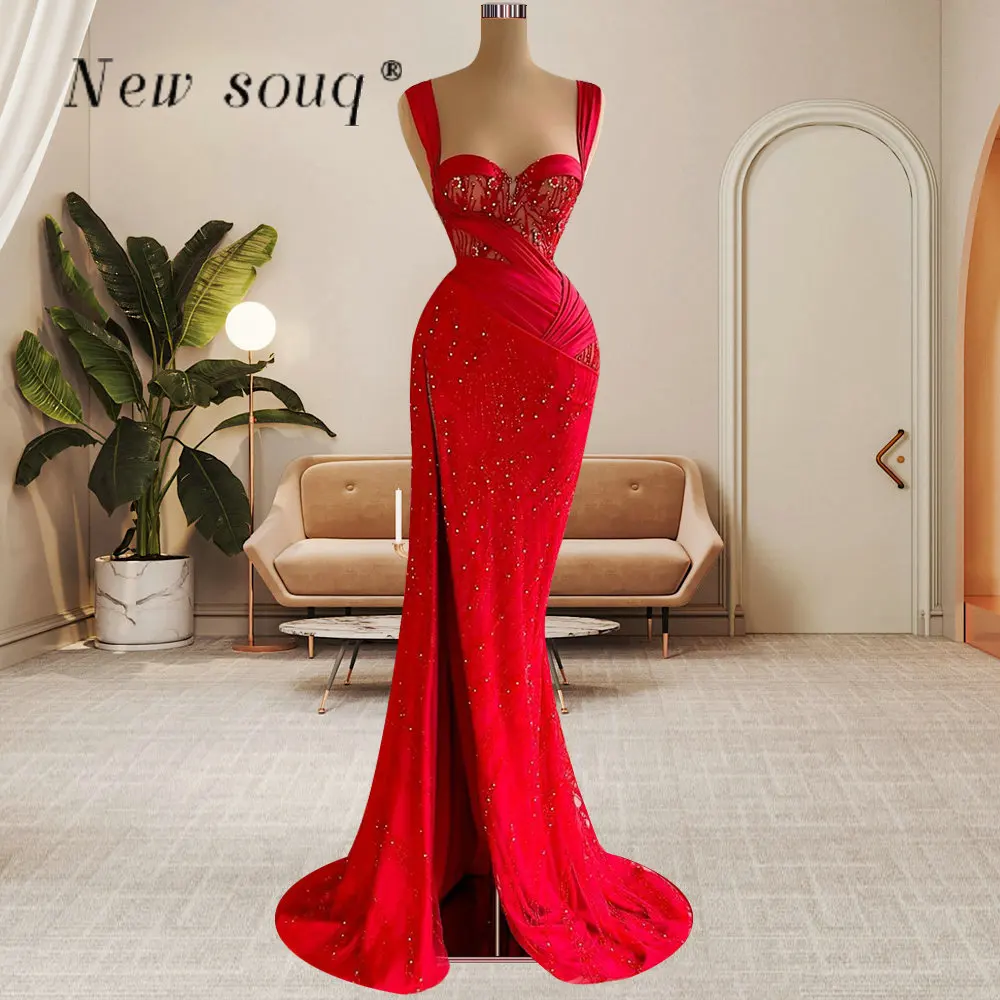 Sexy Long Red Evening Dresses With Deep Slit Spaghetti Strap Folded