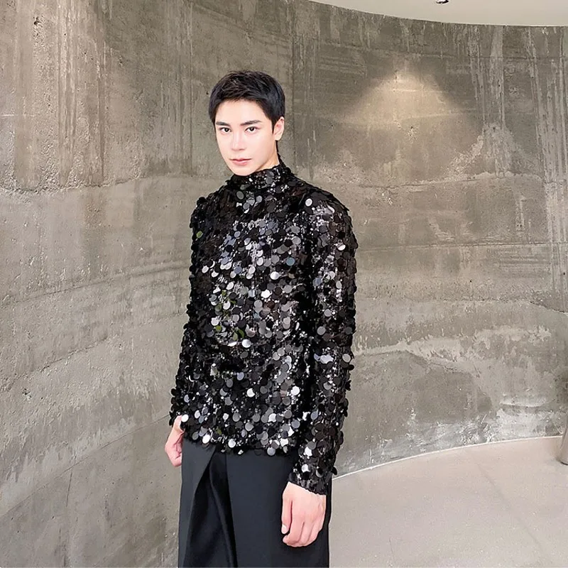 T-shirt-Spangly-Paillettes-pour-Homme-Col-Montant-Manches-sulf-Slim-V ...