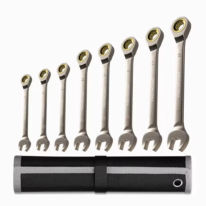 Ratcheting-Combination-Wrench-Set-Metric-Chrome-Vanadium-Steel-Hand ...