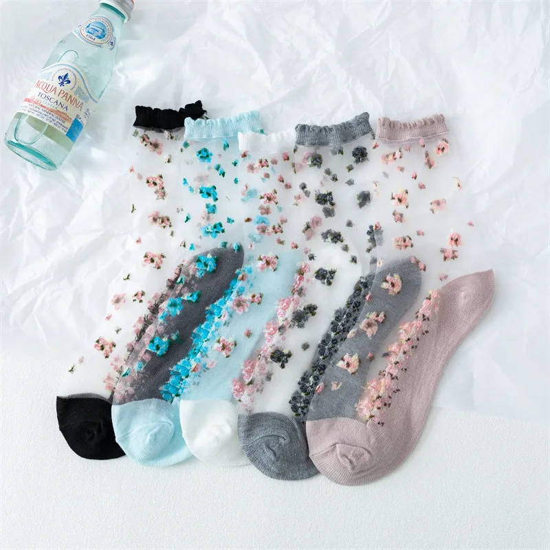 New Summer Fashion Woman Socks Summer Ultra-thin Transparent Flower ...