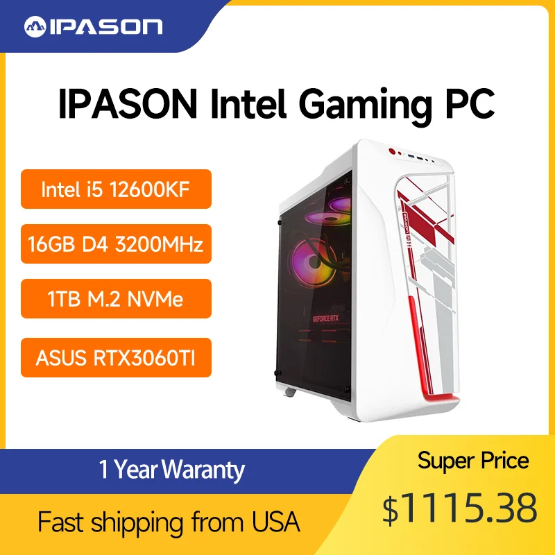 IPASON Gaming Desktop PC intel 12th i5 12600KF 10 Core up to 4.9GHz - ASUS GeForce RTX 3060Ti ...