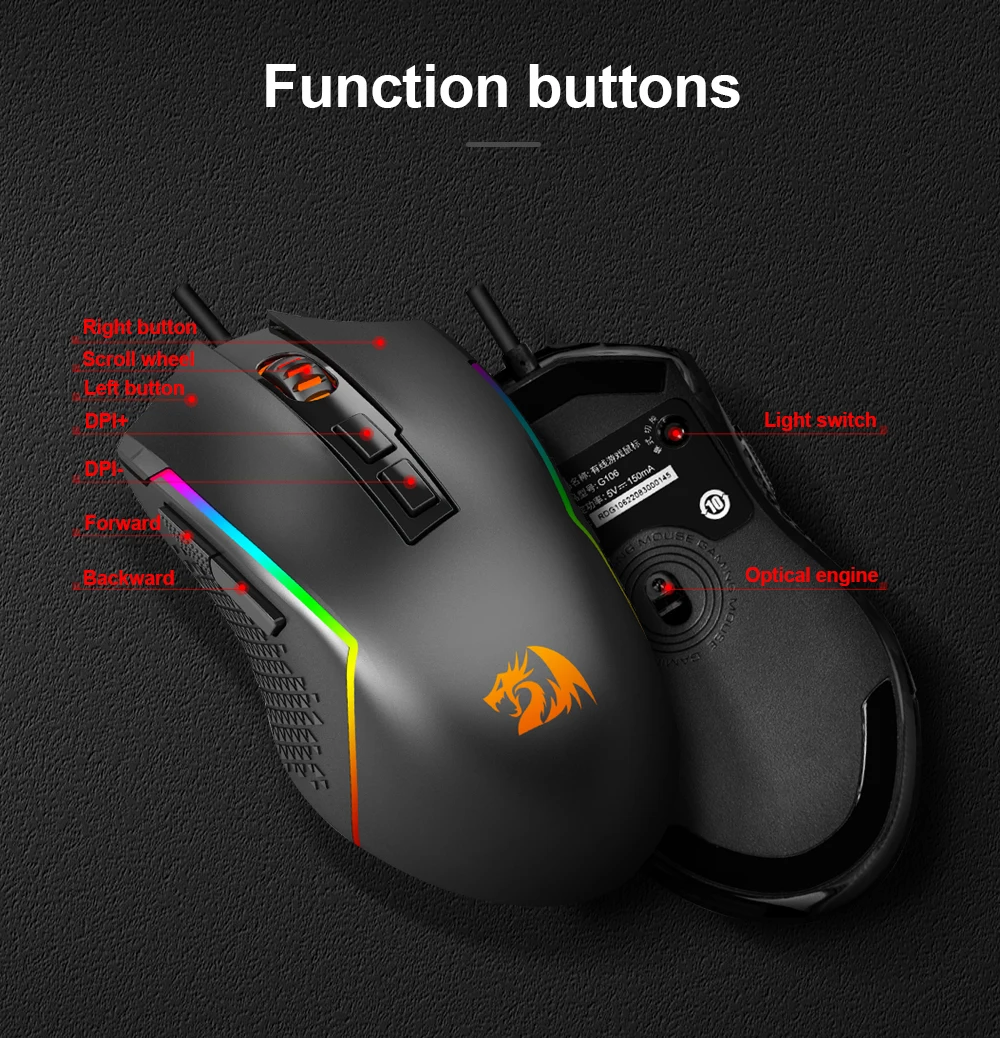 REDRAGON G106 USB RGB wired Gaming Mouse 8000 DPI 6 programmable game ...