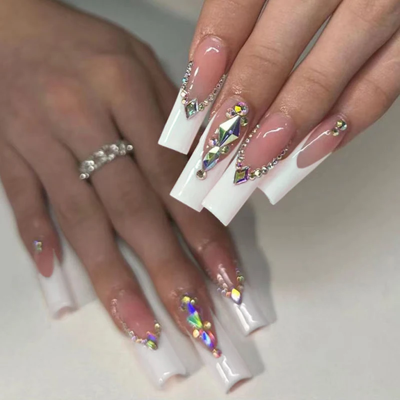 24Pcs-Long-Coffin-False-Nails-Glitter-Fake-Nail-with-Rhinestones-Press ...