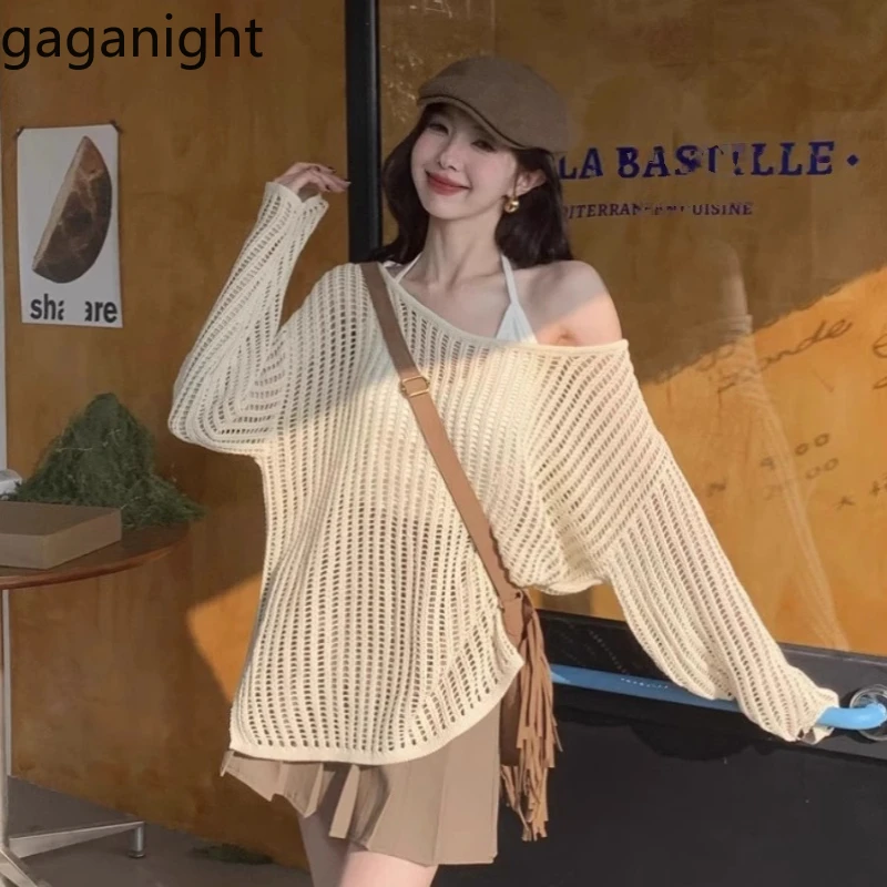 Gaganight-Women-Hollow-Grid-O-neck-Top-2024-Spring-Summer-Thin-Loose ...