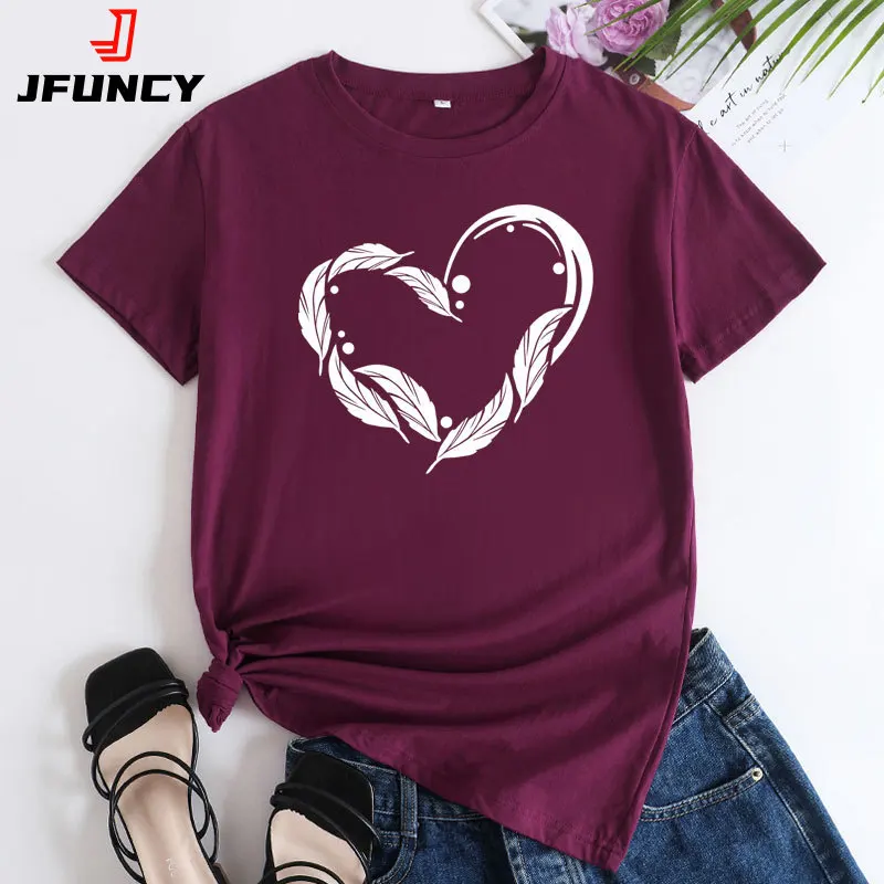 JFUNCY-frauen-Sommer-T-shirt-Mode-Feder-Print-Kurzarm-T-shirt-Casual ...