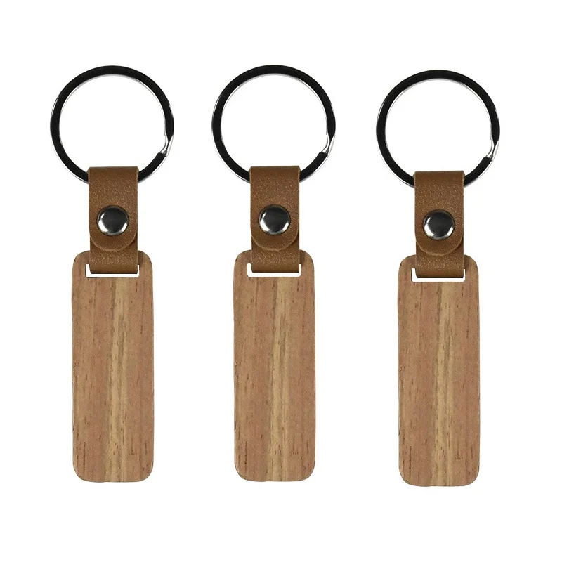 Simple Rectangular Wood Key Chains For Women Blank Log Keyring Brown Pu ...
