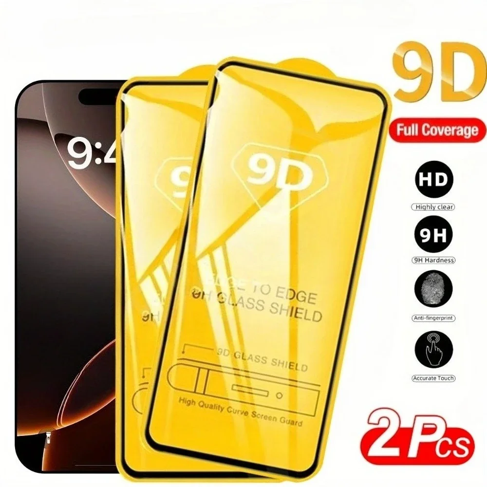 2Pcs 9D Full Cover Tempered Glass for iPhone 16 13 14 15 Pro Max 16e ...