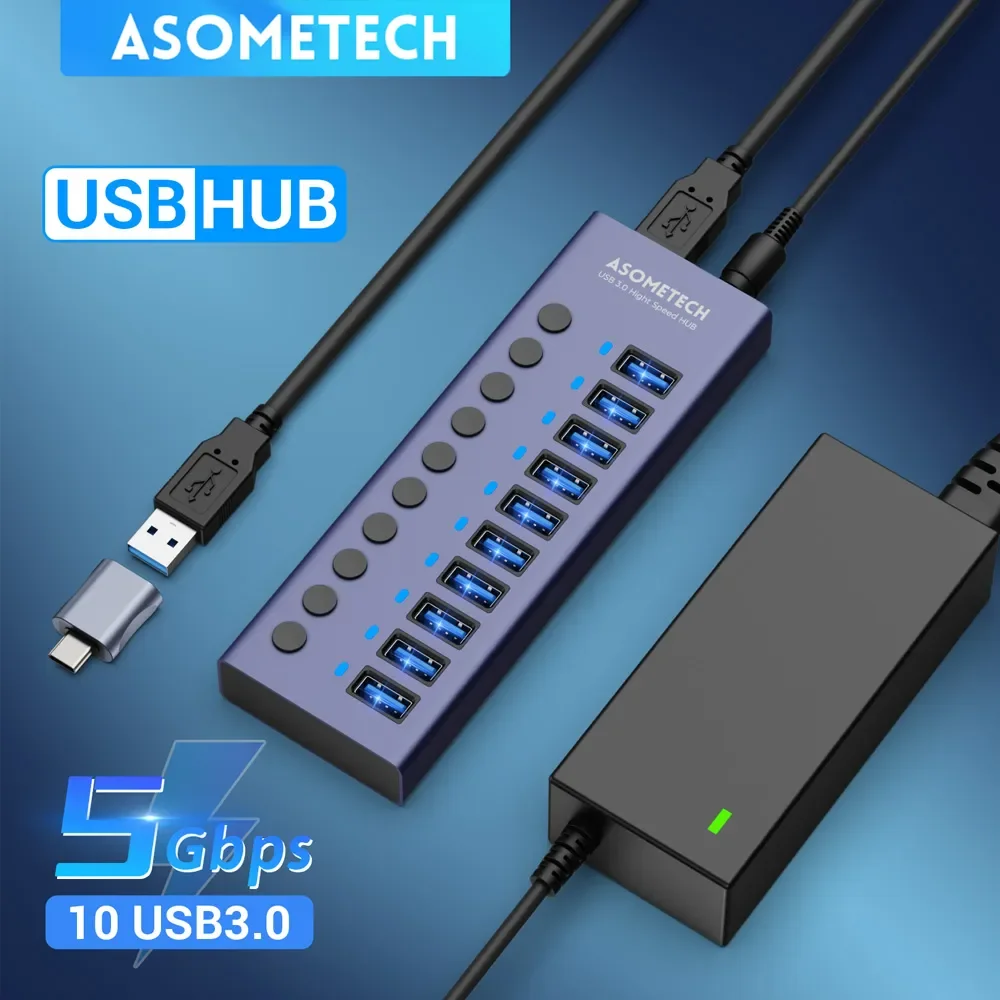 4-7-10-Ports-Hub-USB-3-0-Multi-USB-Splitter-mit-Schalter-Netzteil-Multi ...