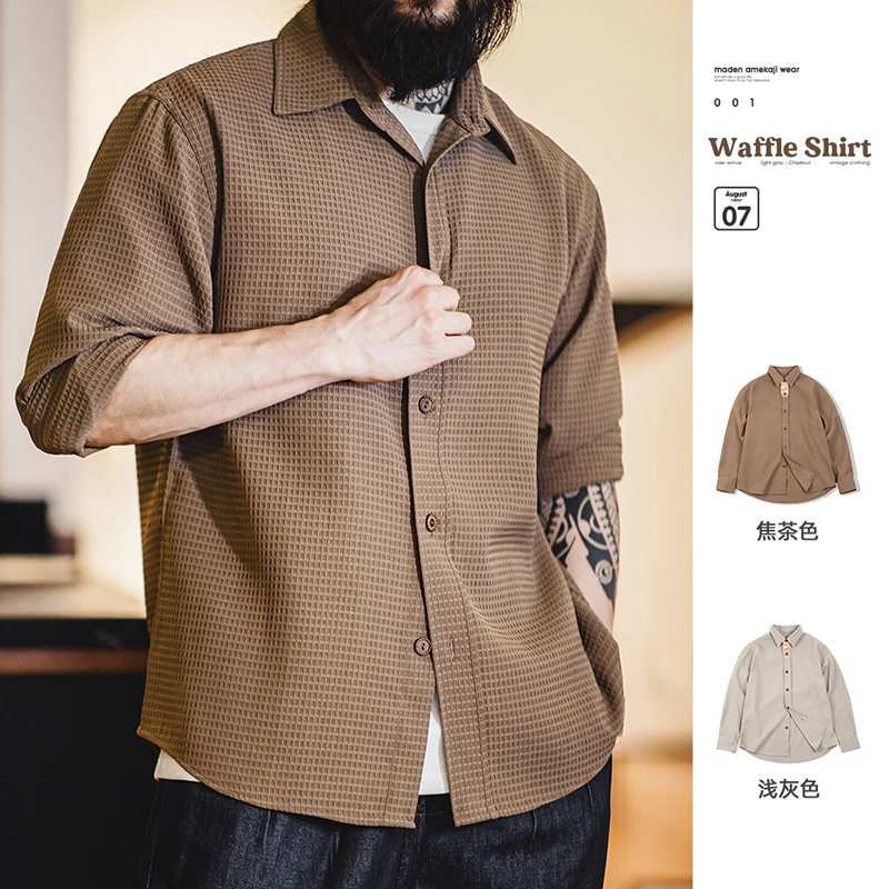 Maden-Vintage-Wrinkle-resistant-Waffle-Shirts-Men-s-Solid-Color-Loose ...