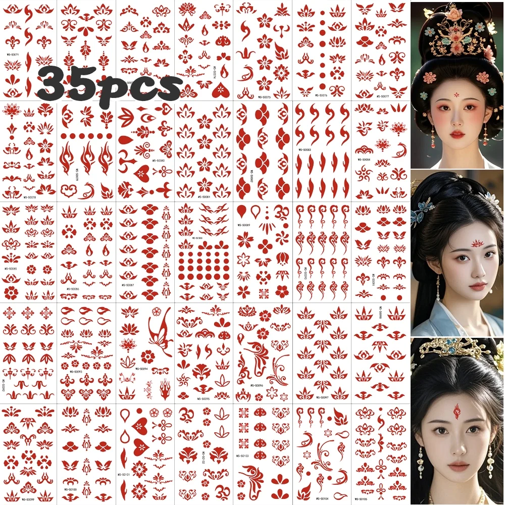 35pcs Red Forehead Print Tattoos Stickers Chinese Style Traditional ...