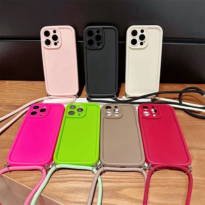 Crossbody Lanyard Candy Color Phone Case For iPhone 16 15 14 13 12 11 ...
