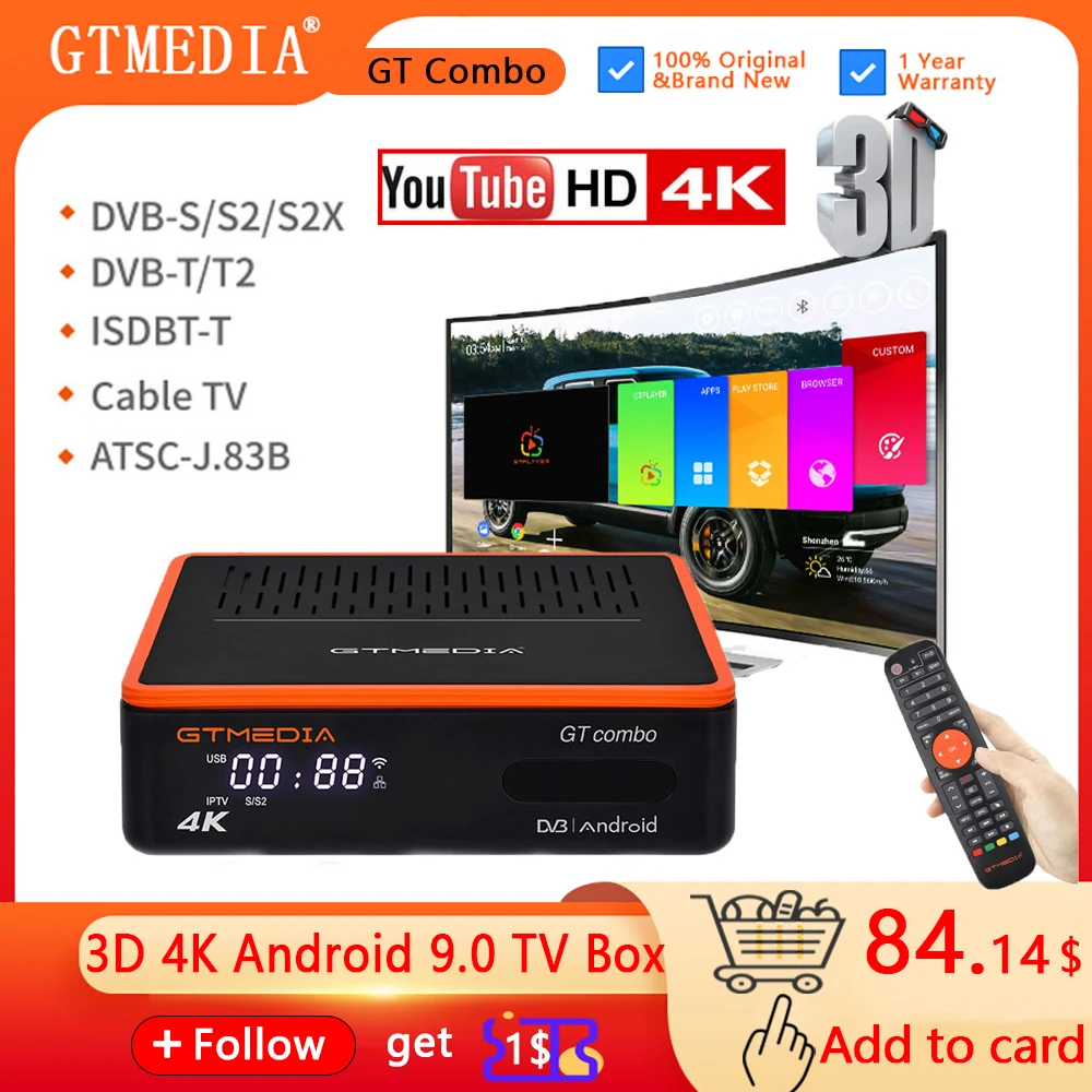 4K Ultra HD TV Box GTMEDIA GTCOMBO Android 9.0 + DVB S2X/T2/C/ATSC C(J ...