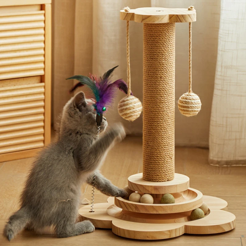 Wooden-Pet-Cat-Toy-Tower-Funny-Cat-Stick-Balls-Sisal-Hemp-Kitten ...