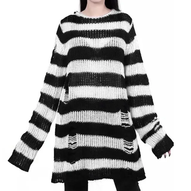 Goth Punk Gothic Sweater Oversized Pullovers Women Striped Cool Hollow ...