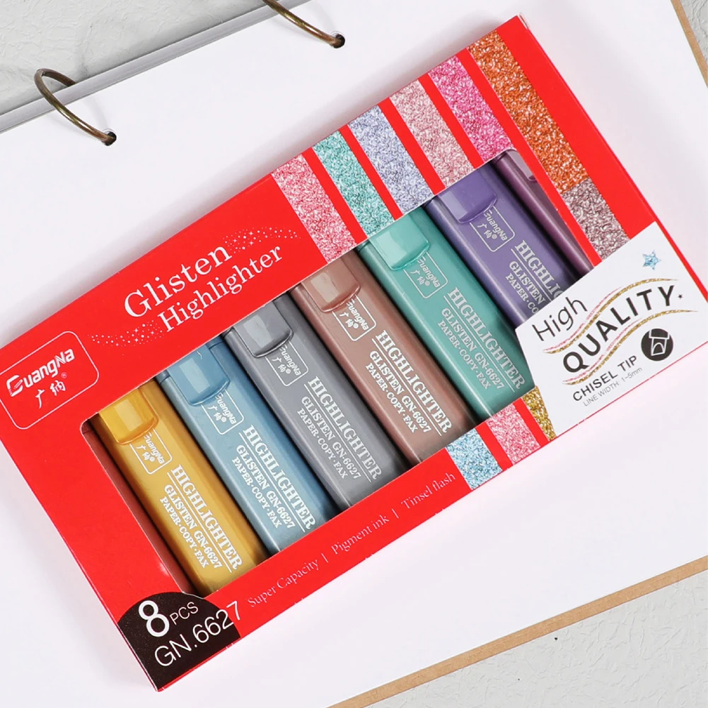 8 Colors Metallic Highlighter Fluorescent Glitter Markers Note Taking ...