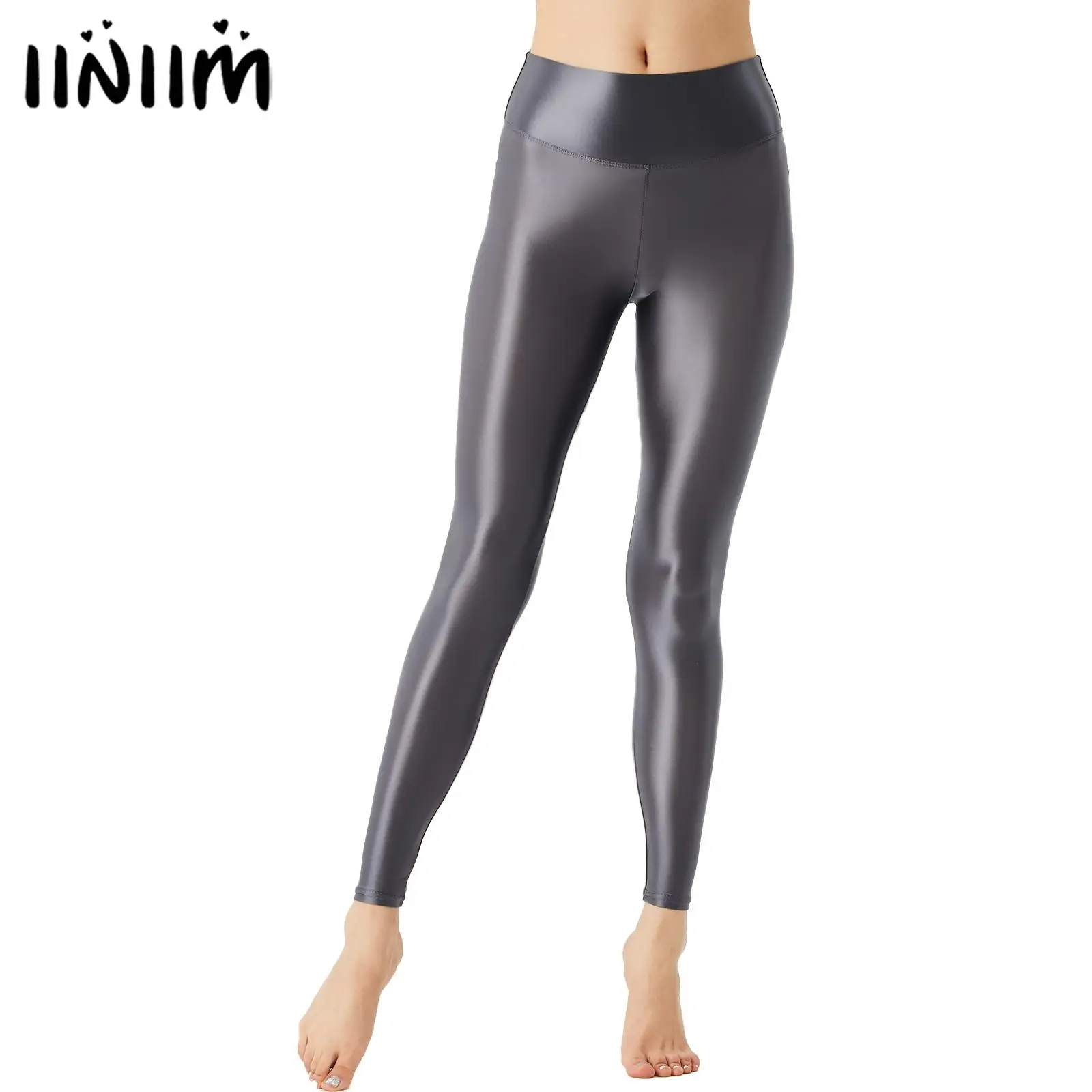Womens Solid Color Glossy Pilates Pants Body-Building Yoga Fitness Wide ...