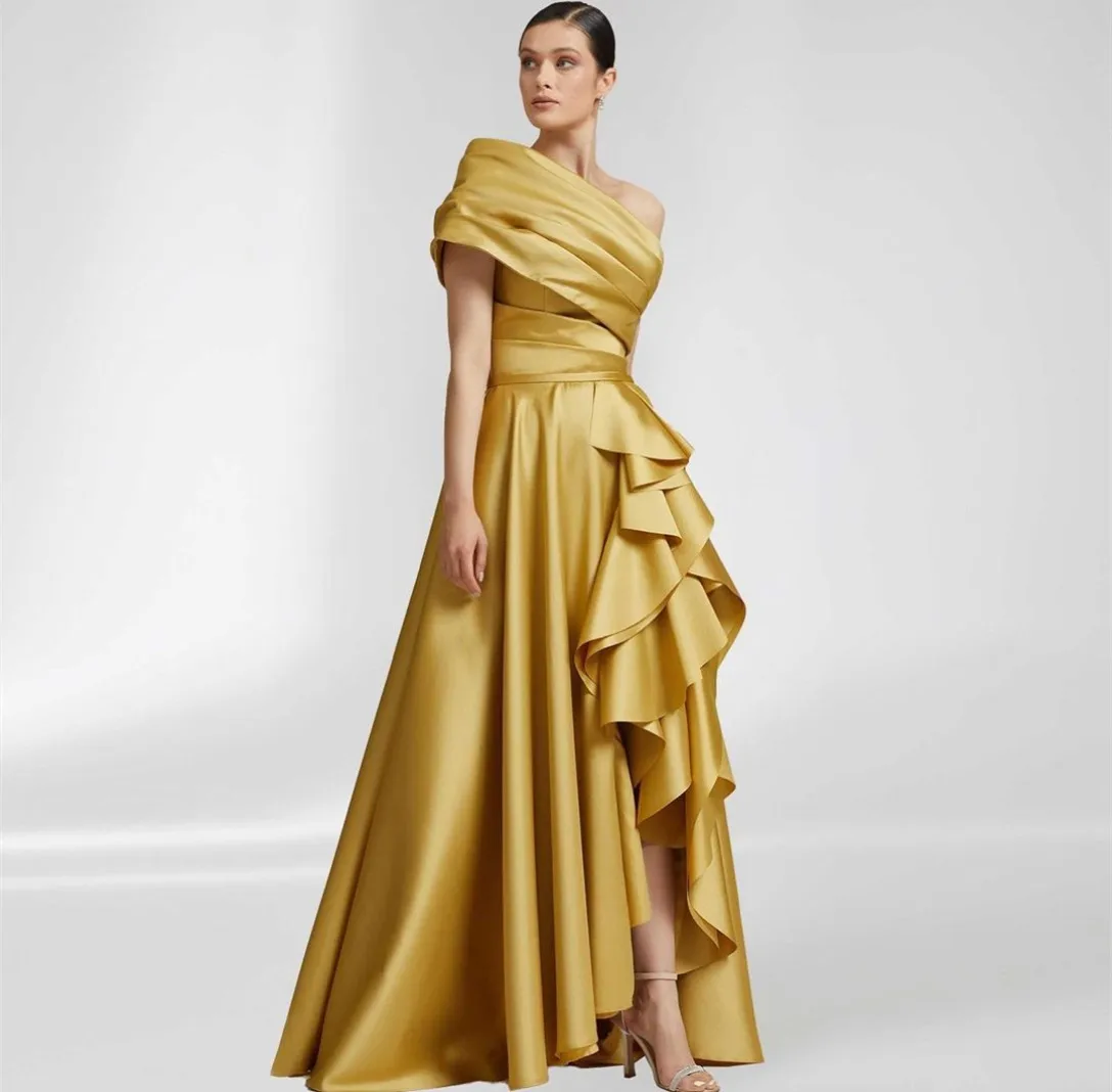 Elegant-Long-Gold-Satin-Evening-Dresses-With-Ruffles-A-Line-One ...