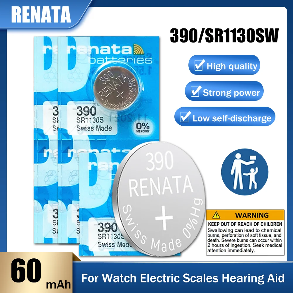 5 X Renata Silver Oxide Watch Battery 390 Sr1130sw 1130 1.55v 100% ...