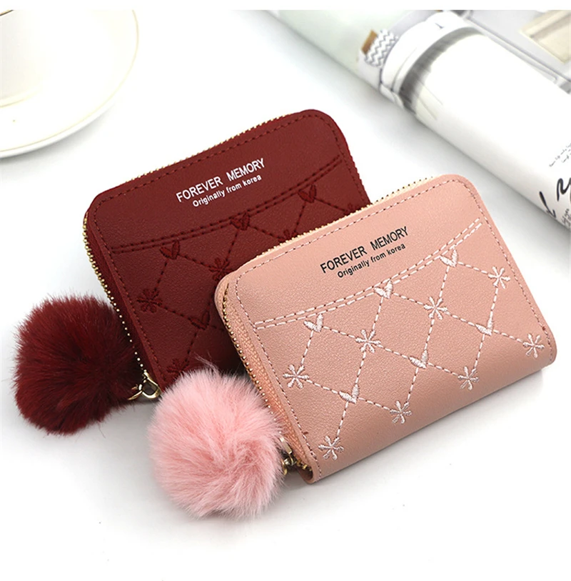 New-Embroidered-Wallet-for-Women-Ladies-Coin-Purses-Hairball-Tassel-PU ...