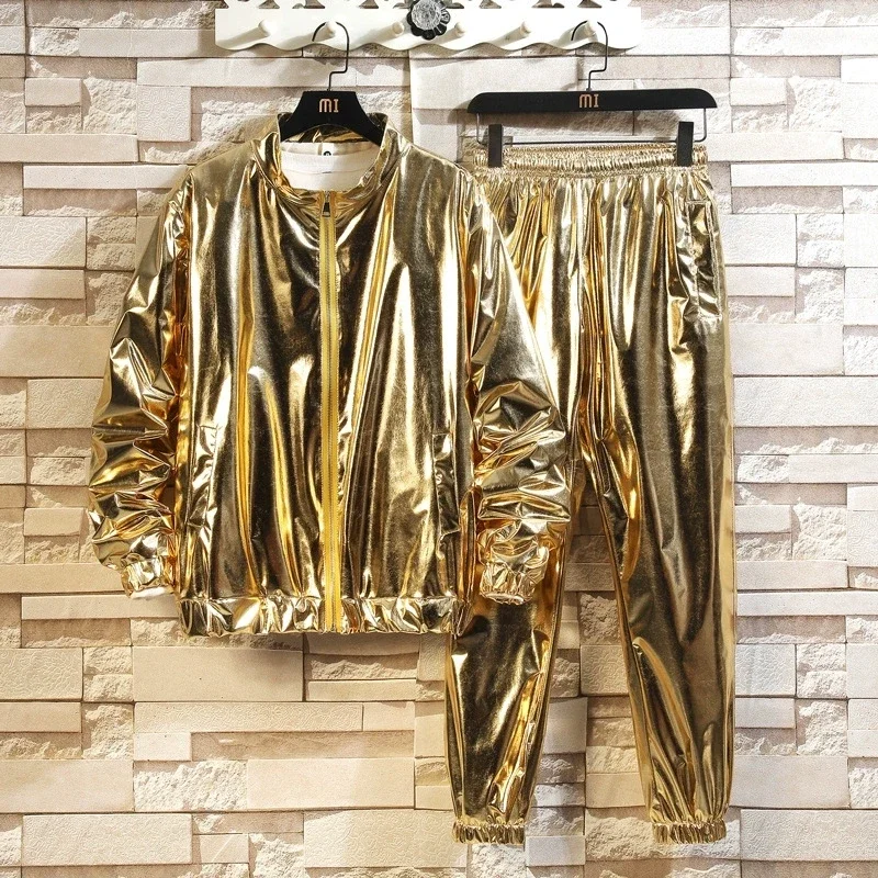 Shiny Metallic Suits Adult Disco 2 Piece Outfit Jacket Pants Halloween ...