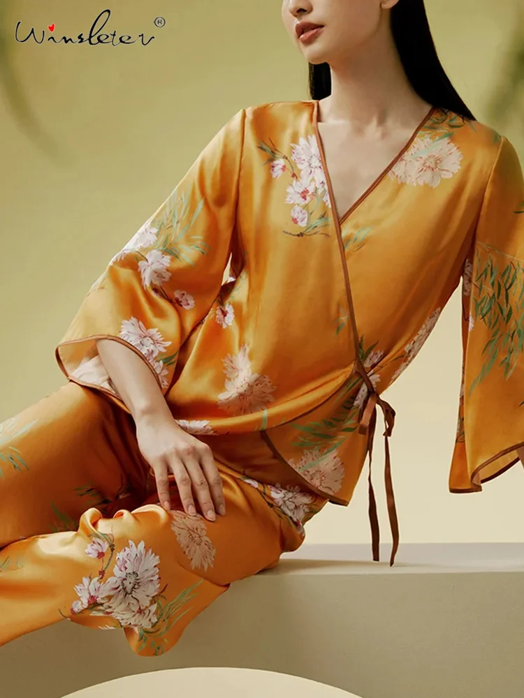 Pijamas-de-seda-de-morera-100-con-cordones-florales-para-mujer-ropa-de ...