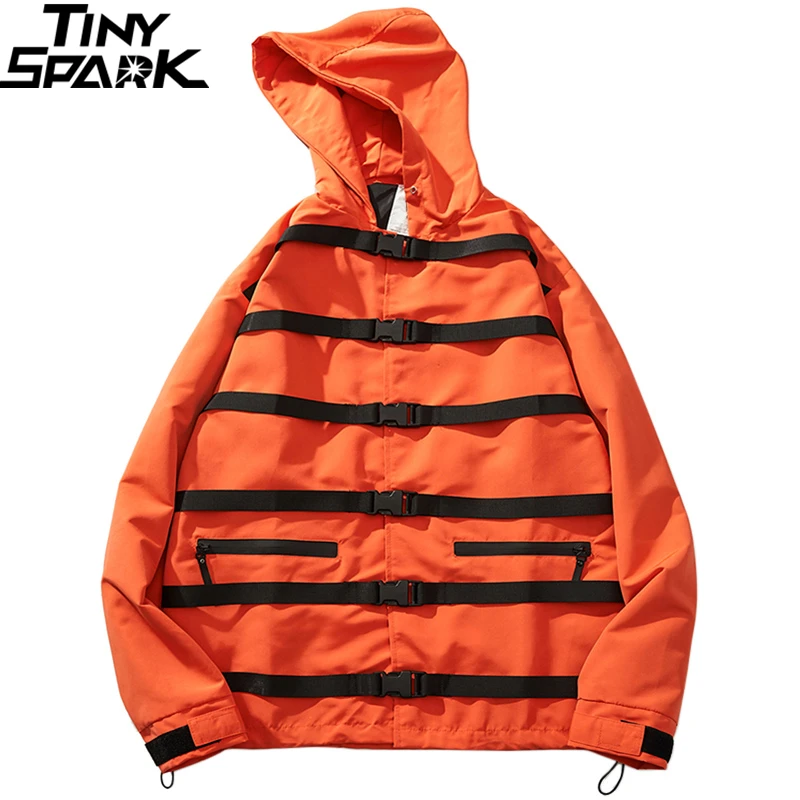 2021 Hip Hop Jacket Windbreaker Men Harajuku Streetwear Buckle Ribbons ...