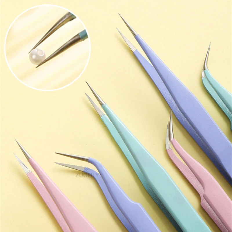 Stainless Steel Straight + Curved Colored Tweezers for Nail Art Sticker ...