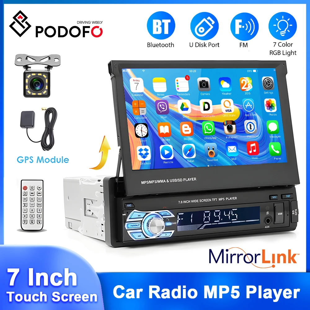 Podofo-1-Din-Car-Radio-Stereo-7-Retractable-Screen-Multimedia-Player-BT ...