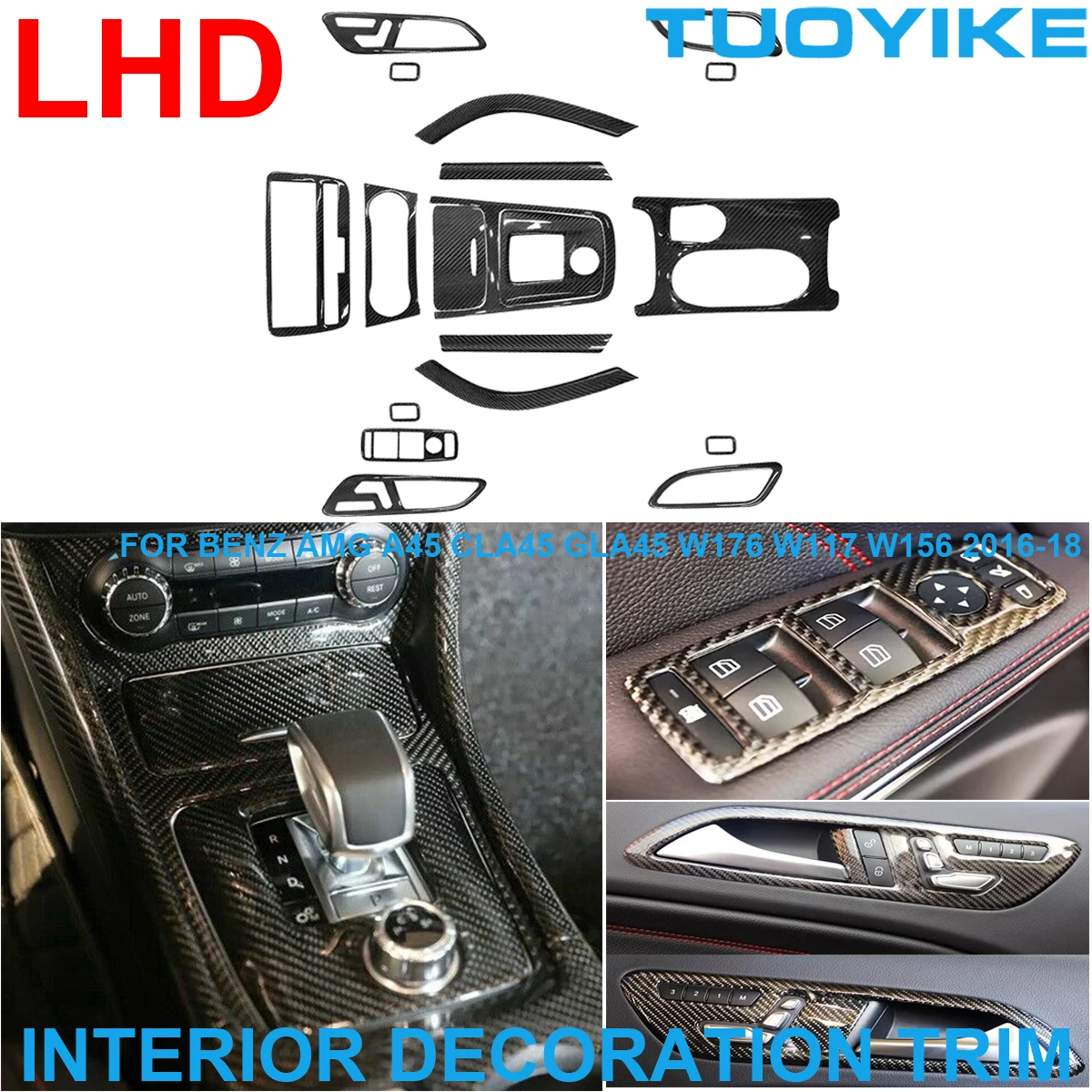 19PCS-Set-Car-Real-Carbon-Fiber-Interior-Central-Gear-Shift-Panel-Trim ...