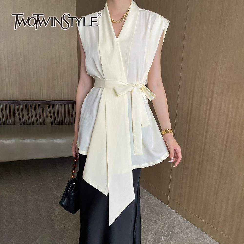 TWOTWINSTYLE-Solid-Casual-Spliced-Lace-Up-Tank-Top-For-Women-V-Neck ...