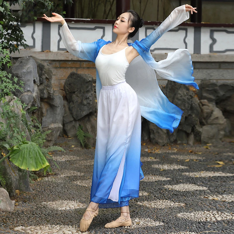 Women Elegant Gradient Modern Dance Pants Chiffon Wide Leg Trousers ...