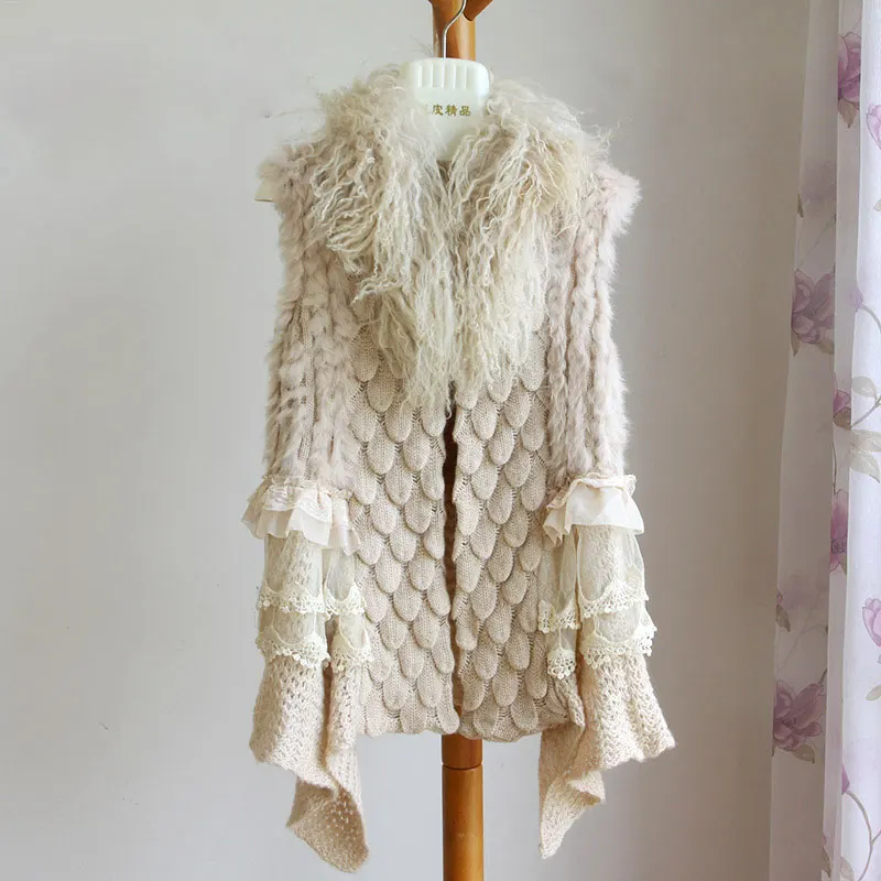 Inverno feminino real pele de coelho malha colete gilet mongol gola de pele mulher casaco de ...