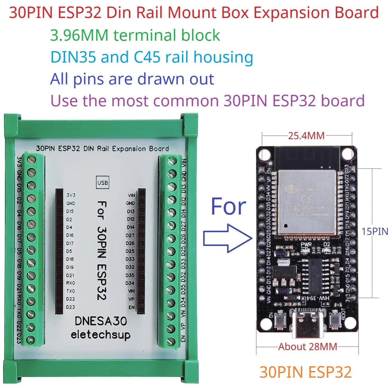 30pin Esp32 Devkit V1 Din Rail Expansion Board 3 96 Terminal Screw Terminal Block Adapter Module