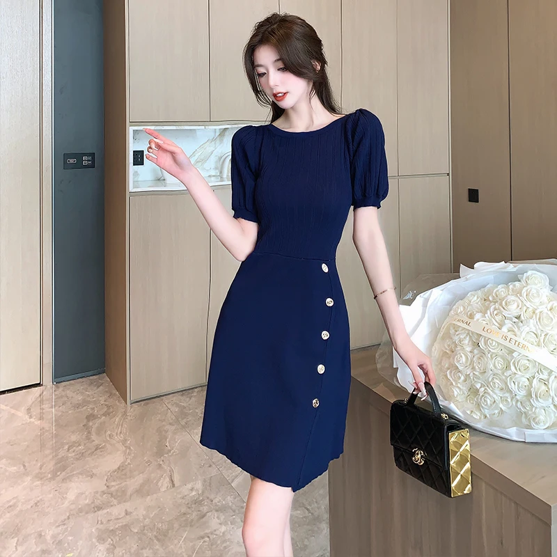 Summer-New-O-Neck-Knit-Mini-Dress-Women-Ribbed-Elegant-Short-Sleeve ...