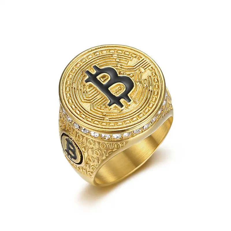 HIP Hop Bling Gold Silver Color Stainless Steel Bitcoin Round Rings for ...