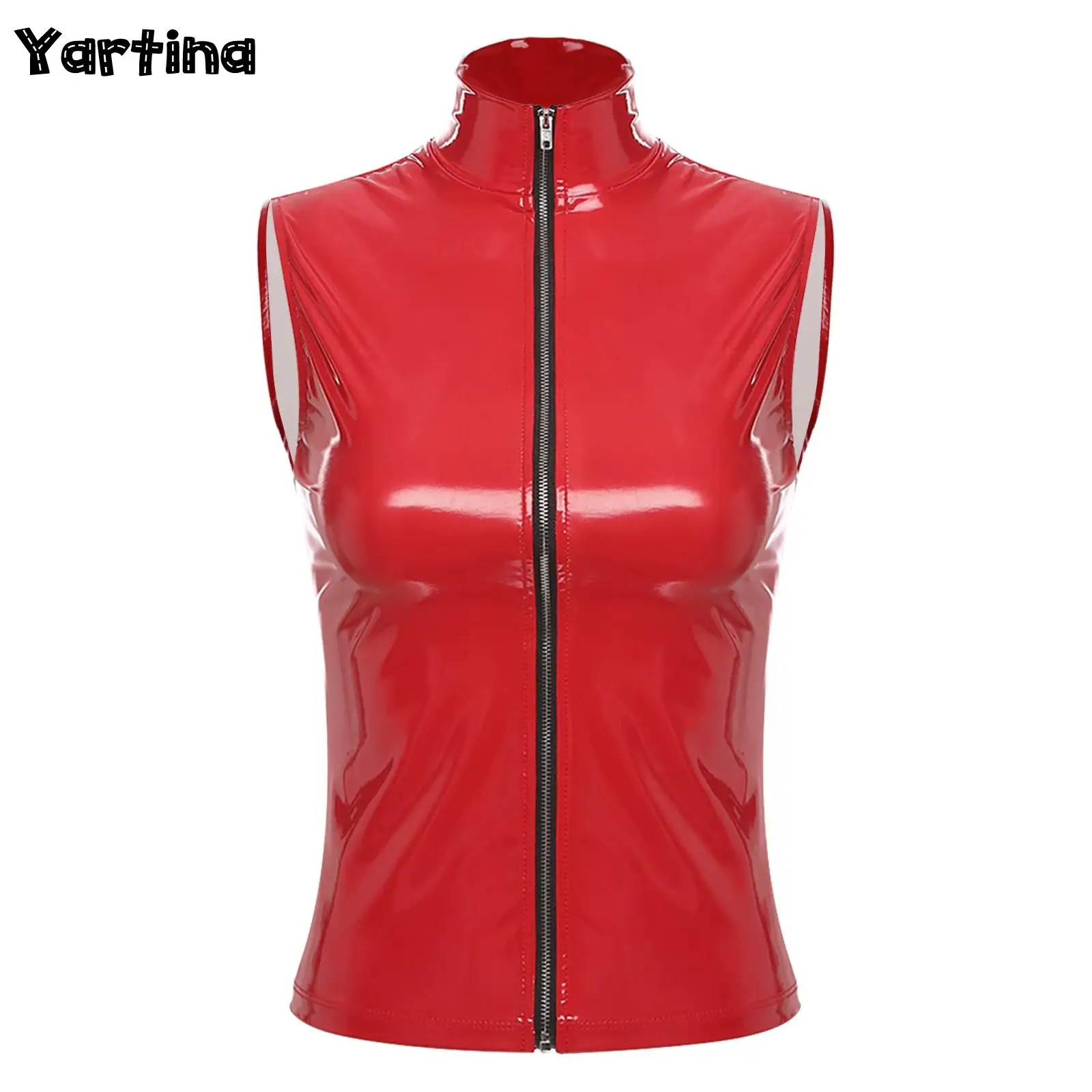 Womens-PVC-Shiny-Zipper-Open-Sleeveless-Shirt-Vest-Latex-Moto-Biker ...