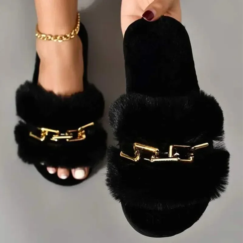 Fluffy Fur Slippers New Fashion Chain Design Women Home Slippers Winter ...