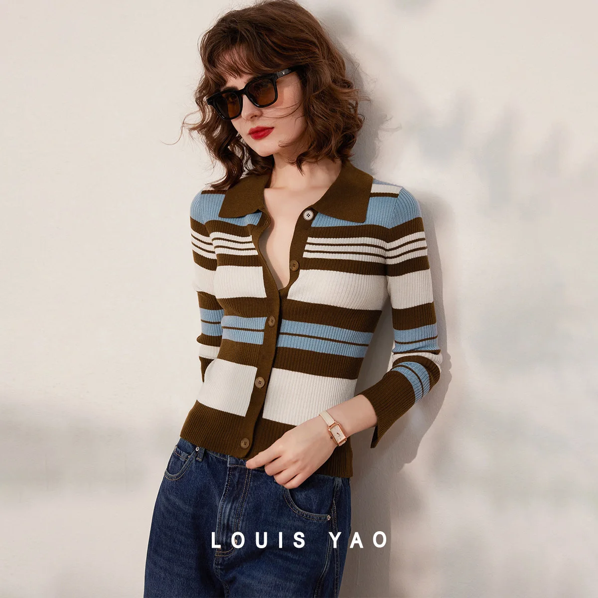 LOUIS YAO Fashion Striped Cardigan 2025 Spring Autumn Turn-down Collar ...