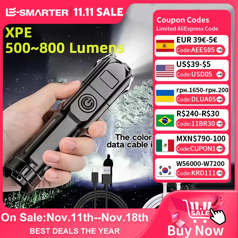 LED-Telescopic-Zoom-Strong-Light-Flashlight-USB-Charging-Compact ...
