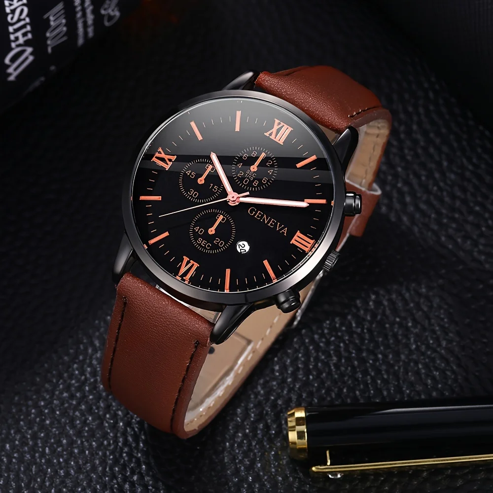 2pcs-set-Men-s-Brown-PU-Strap-Disc-Dial-Casual-Calendar-Quartz-Watch ...