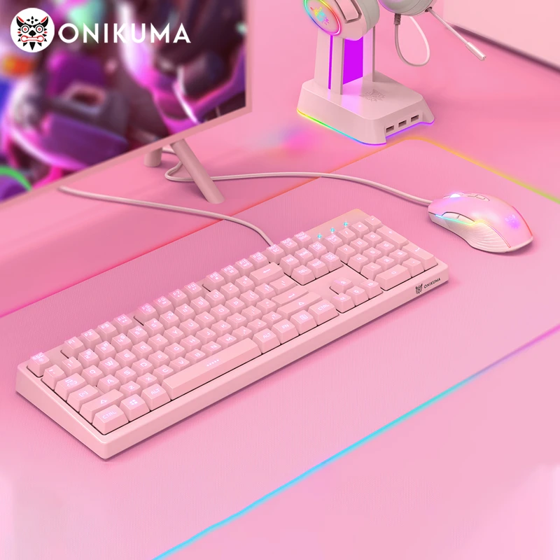 Onikuma gaming 104 teclas teclado e mouse com luz de fundo led rosa com ...