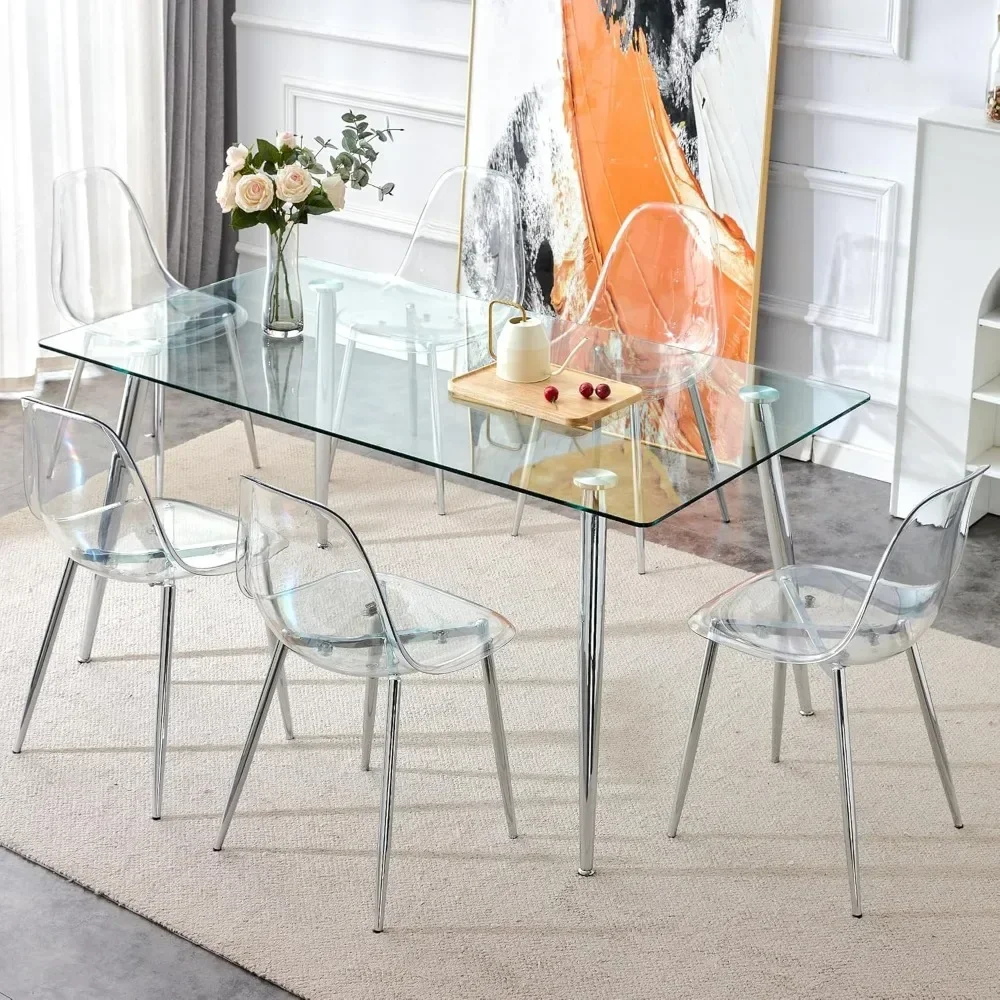Rectangle-Glass-Dining-Table-Set-for-6-with-Silver-Metal-Legs-for ...