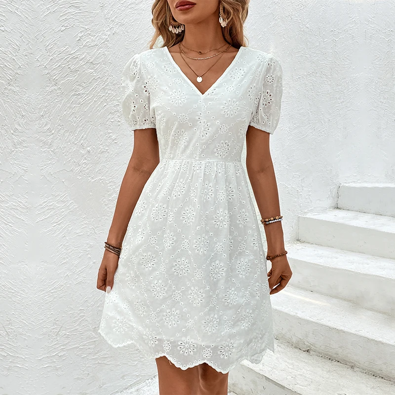Summer-Women-s-V-neck-White-Short-sleeved-Dress-Fashionable-Hooked ...