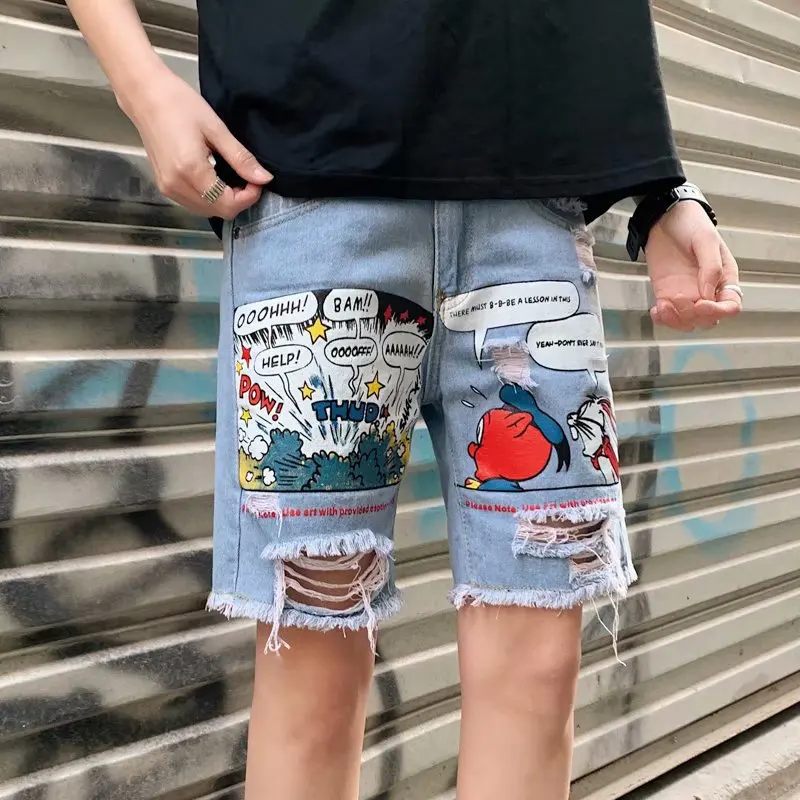 Fashion Men's Casual Shorts Distressed Denim Shorts Solid Colour ...